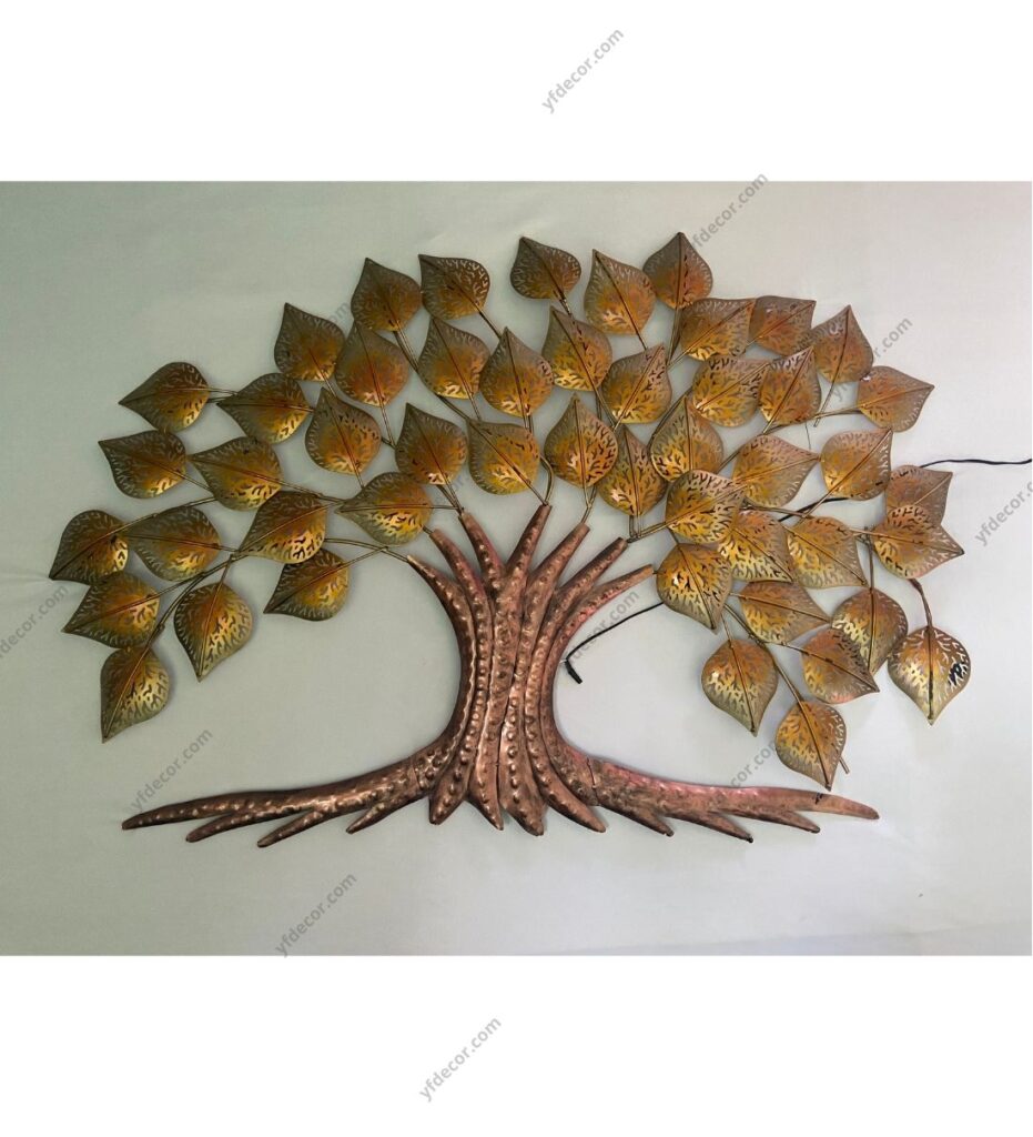 Buy Wrought Iron Decorative Tree with Golden Leaves and LED Wall Art ...
