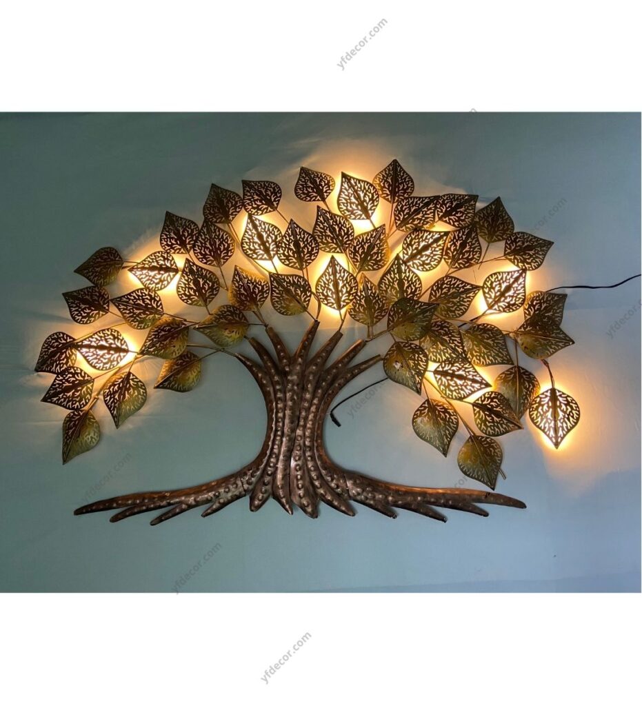 Buy Wrought Iron Decorative Tree with Golden Leaves and LED Wall Art ...