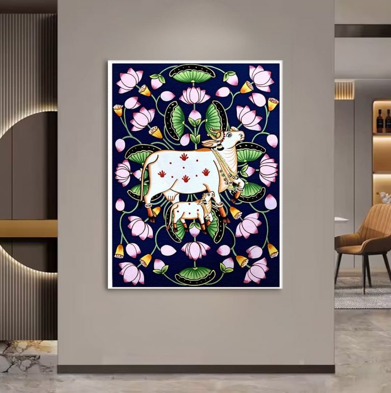 Buy Cow & Calf Floral Pichwai Painting online in India - YF Decor