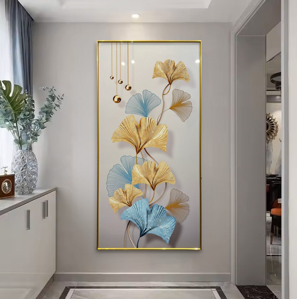 Buy Gold & Blue Ginkgo Abstract Flower Glass Painting online in India ...