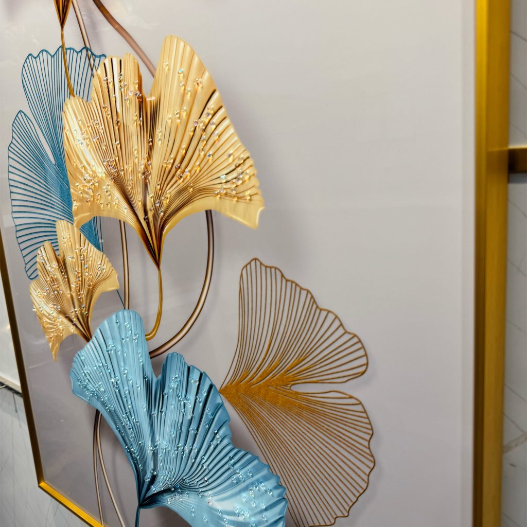 Buy Gold & Blue Ginkgo Abstract Flower Glass Painting online in India ...